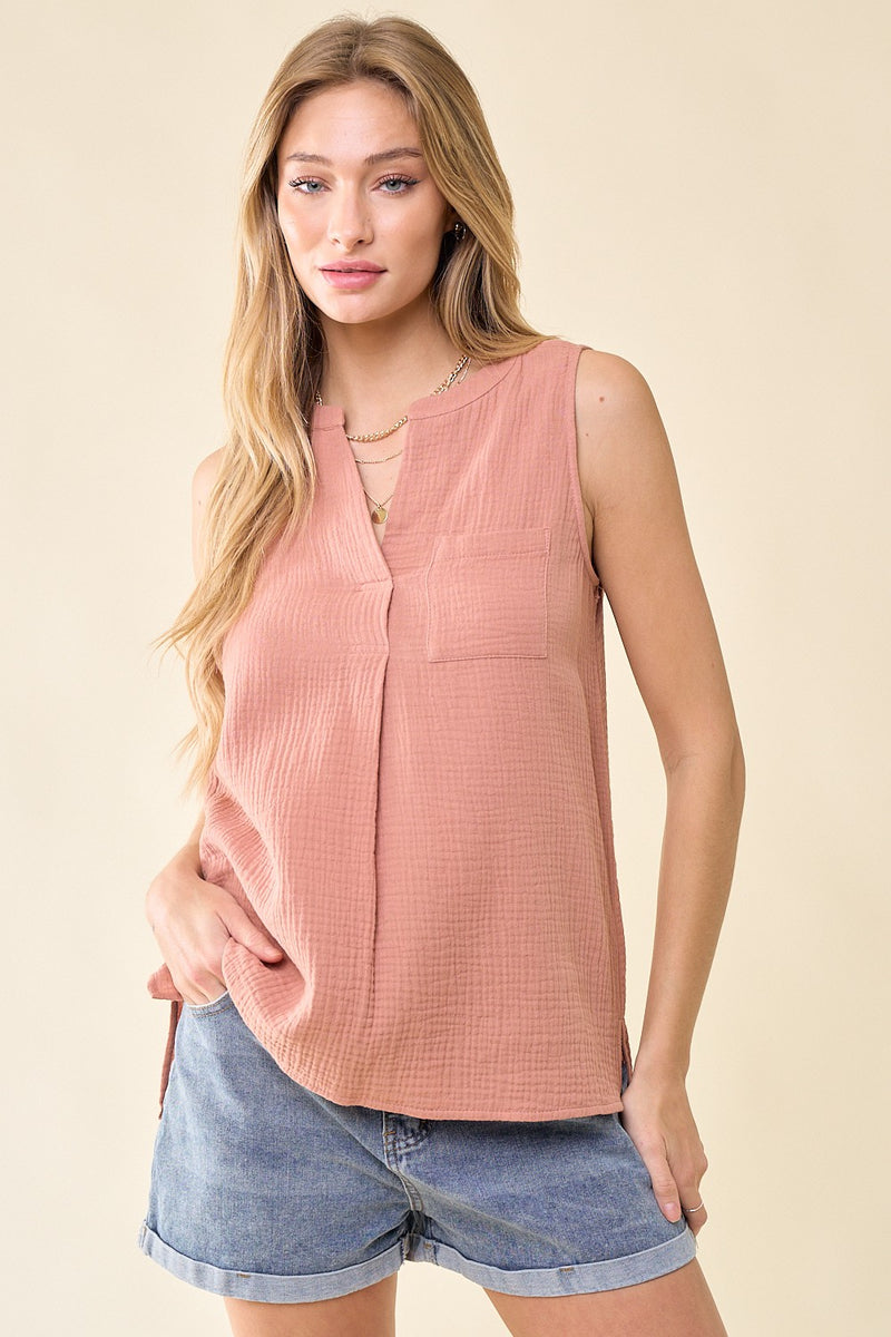 Split Neck Collar Sleeveless Shirt – WaskaVillage